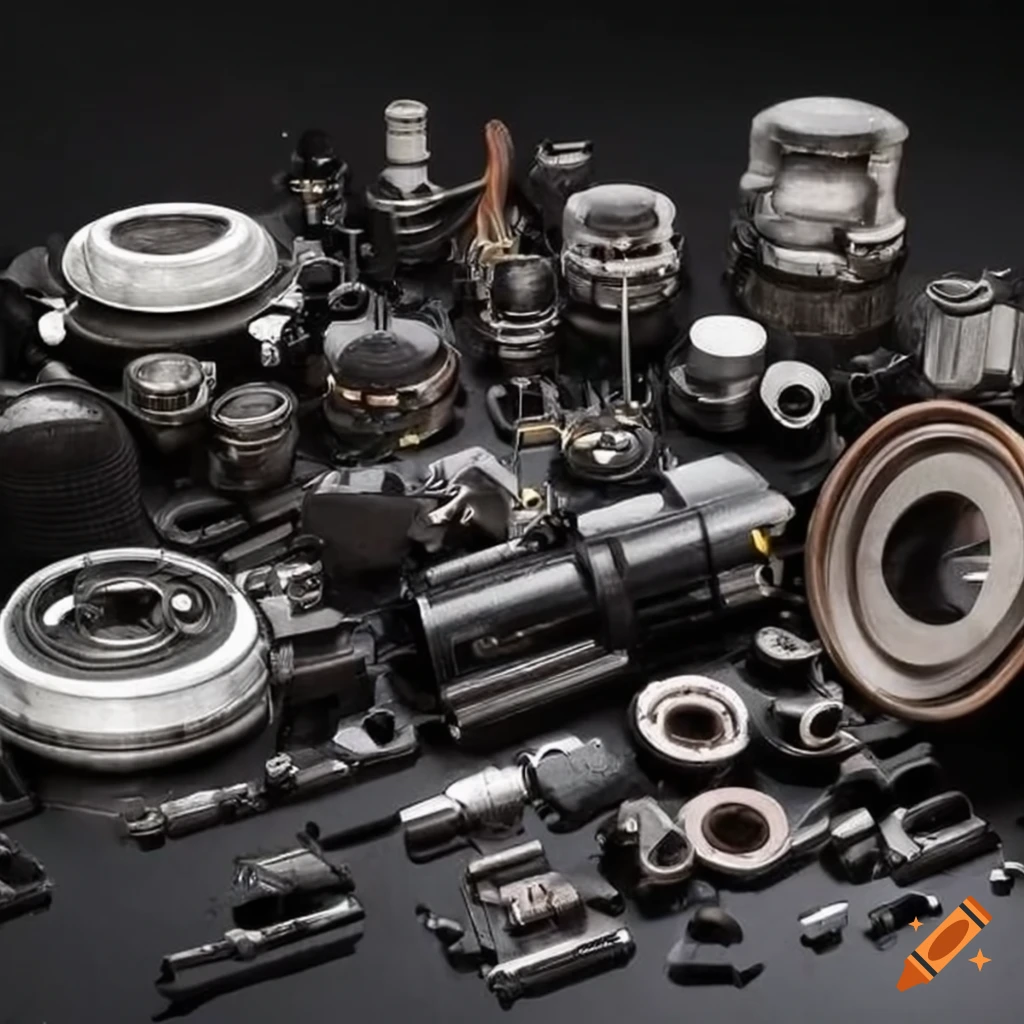 Disassembled car parts for refurbishment and reuse on Craiyon