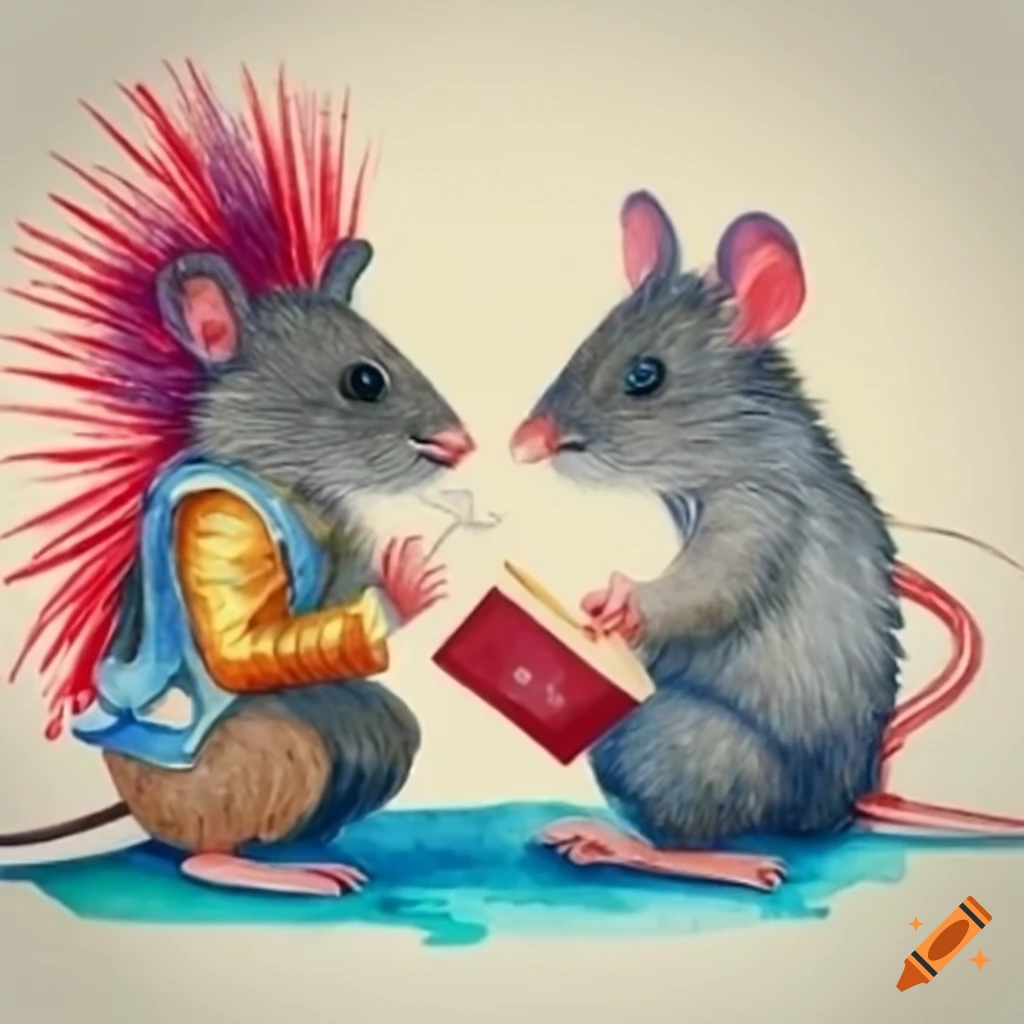 Scientific mouse reading with a punk rat wearing a studded jacket and ...