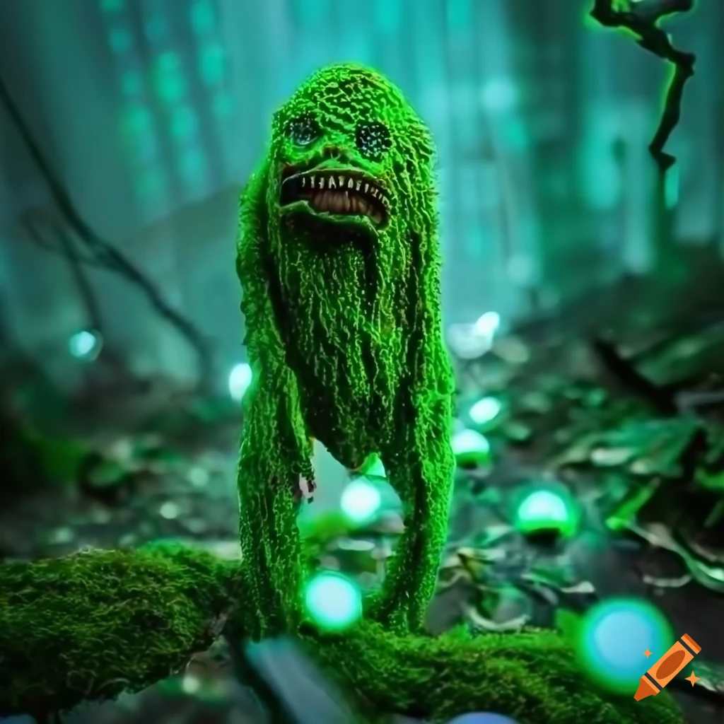 Biopunk cityscape with green moss, plants, mushrooms, and cyborg ...