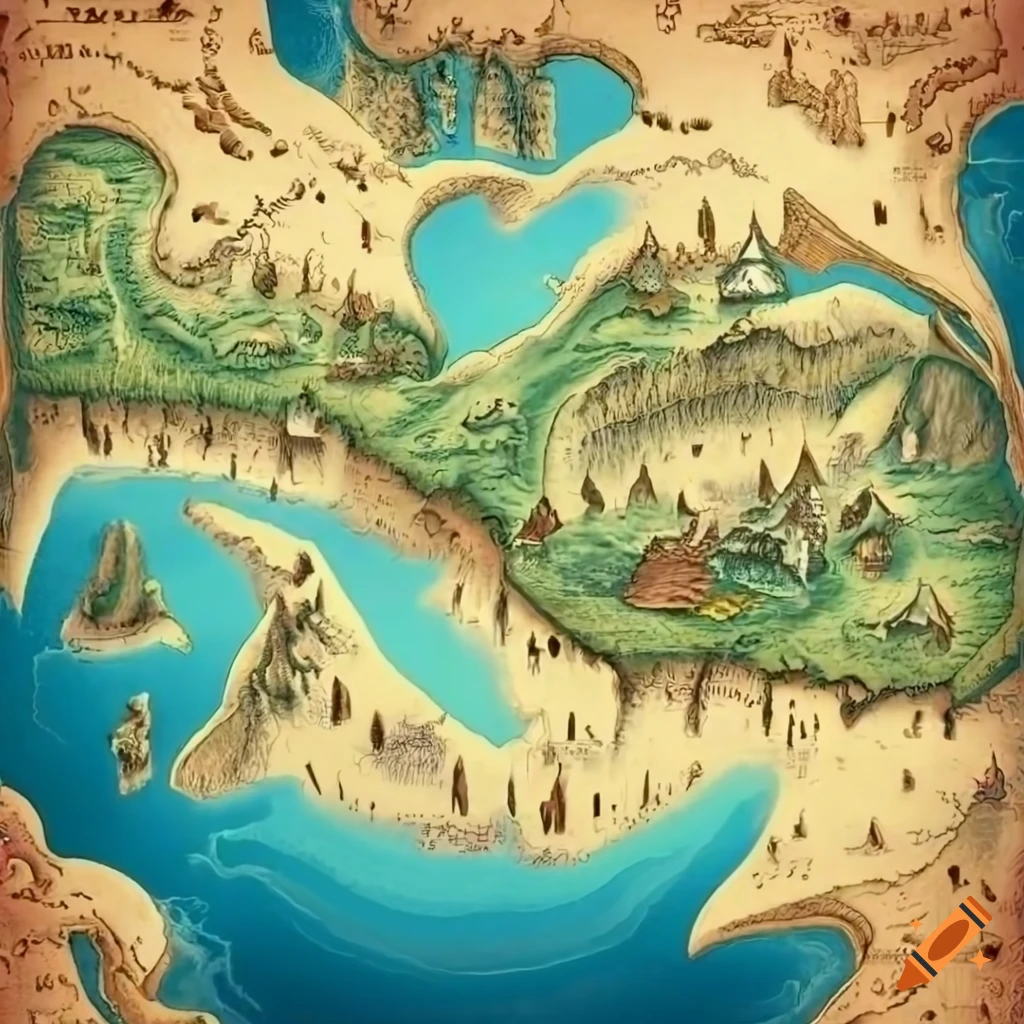 Intricately detailed map of a fictional fantasy world with continents ...