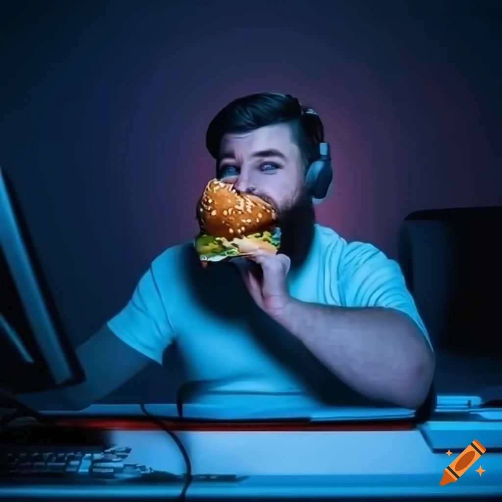 Gamer with headset playing on pc and eating a cheeseburger on Craiyon