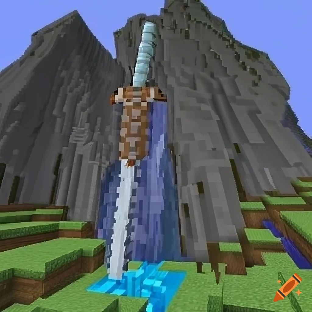 Giant metal sword on rocky mountain with waterfalls in Minecraft on Craiyon