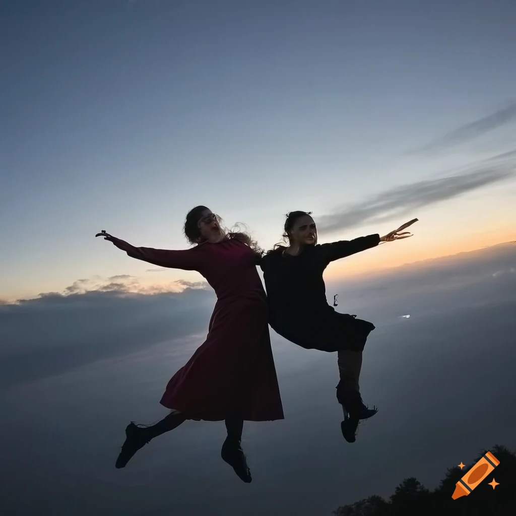 Two women embracing in the sky during free fall at golden hour on Craiyon
