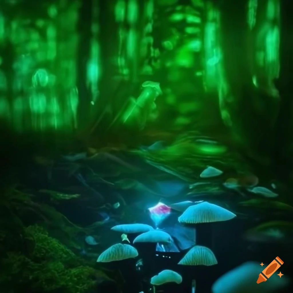 Glowing biopunk cityscape with mythical creatures and natural energy ...