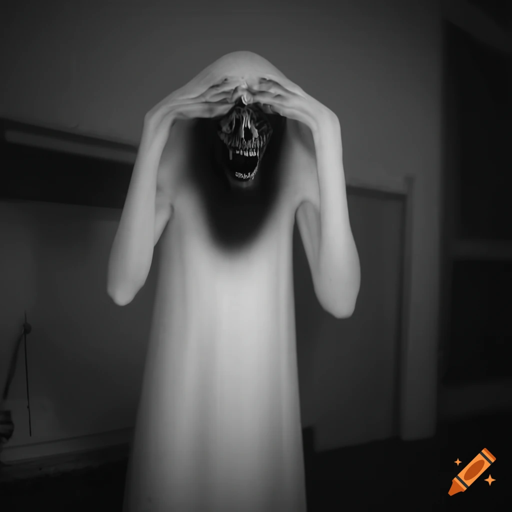 Pale skinny ghost screaming at computer monitor in dark room on Craiyon