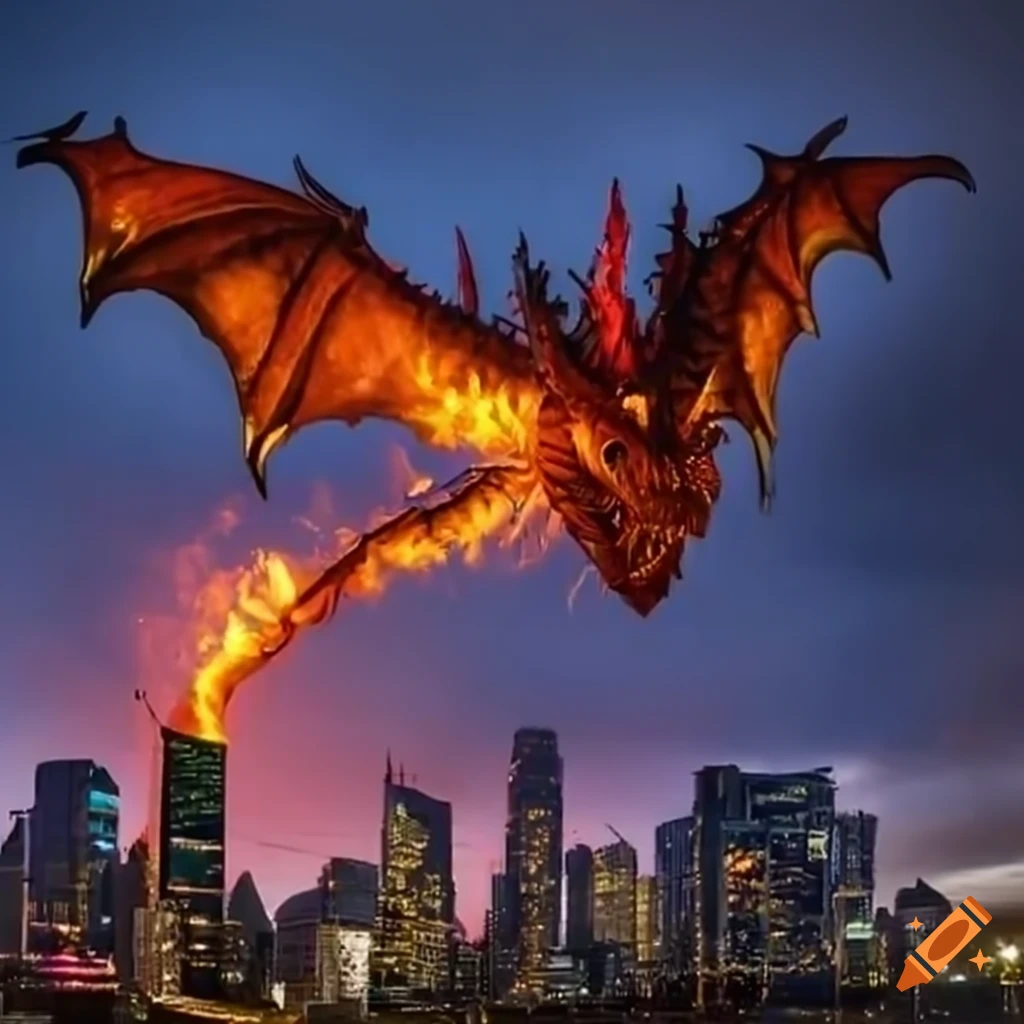 Epic fire dragon flying over a cityscape on Craiyon