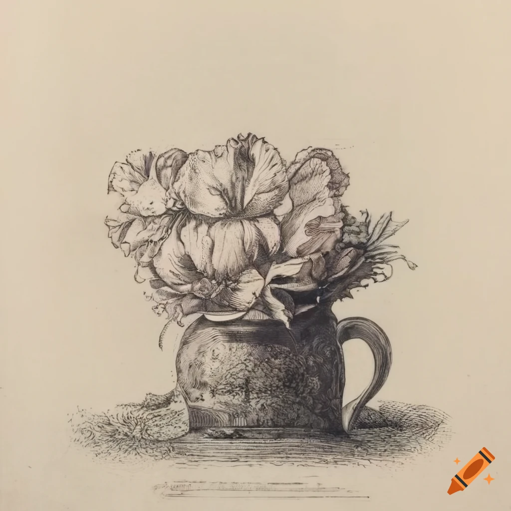 1800s pen and ink etching of a floral still life on Craiyon