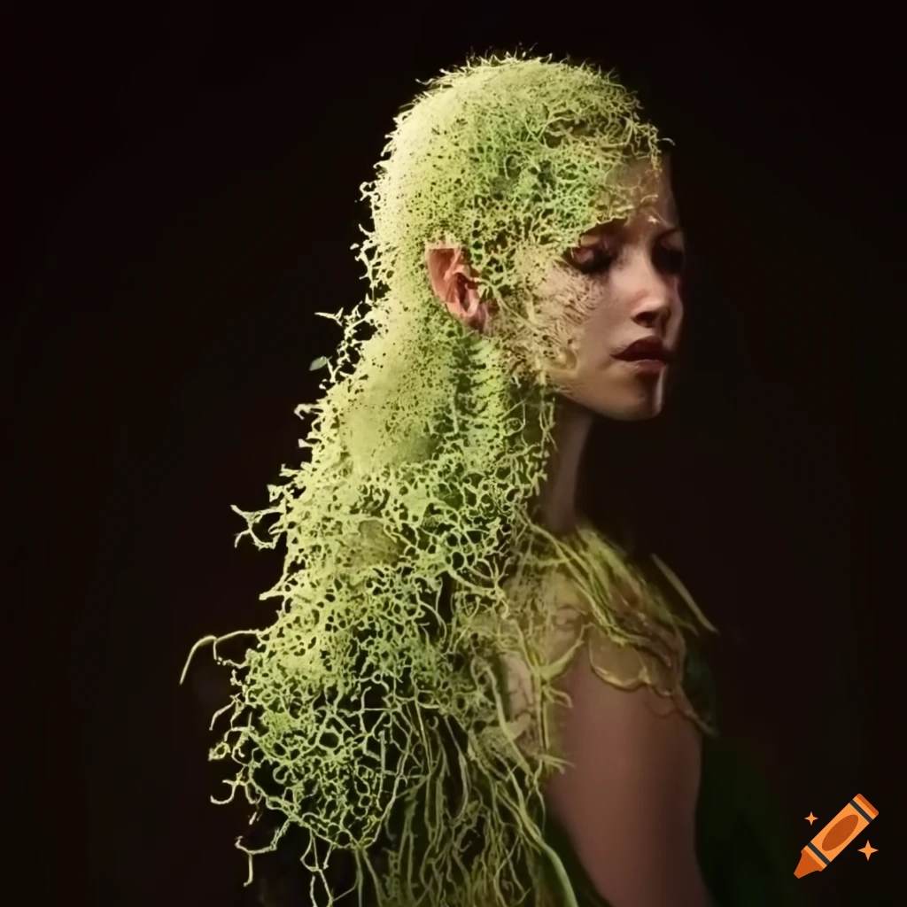 Woman with lichen usnea hair and tree root dress design on Craiyon