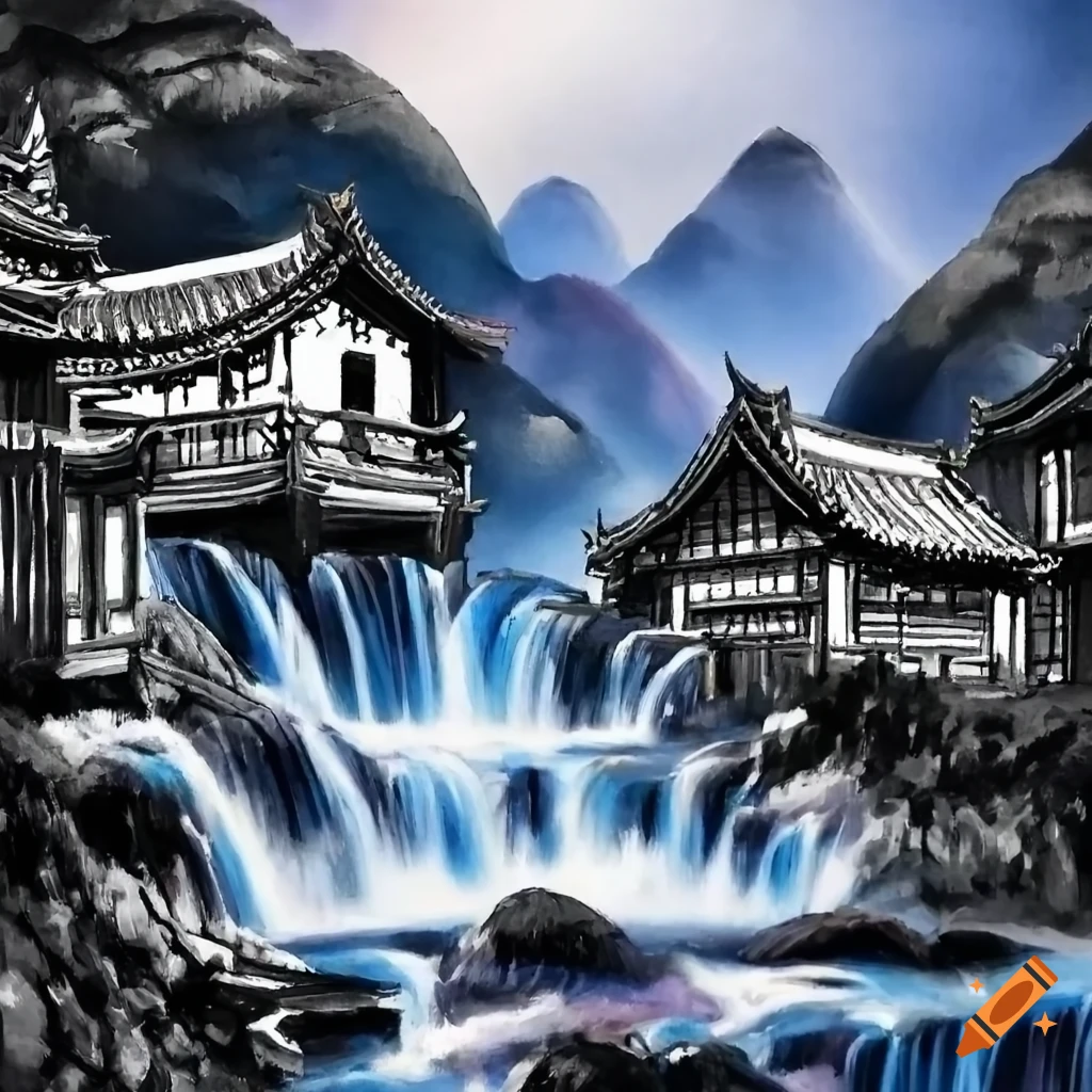 Vibrant Chinese color painting of a scenic river scene with a ...