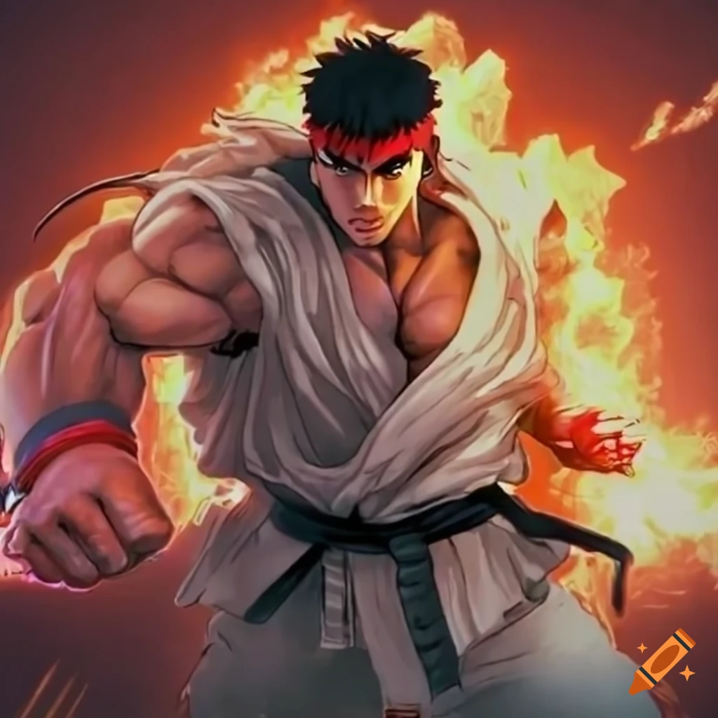 Ryu from Street Fighter in warrior pose with lightning fireball on Craiyon