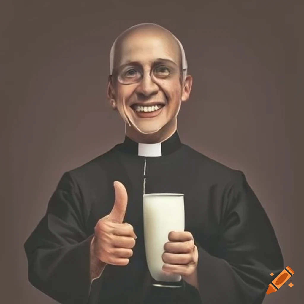 Smiling priest holding glass of milk and giving thumbs up, poster with ...