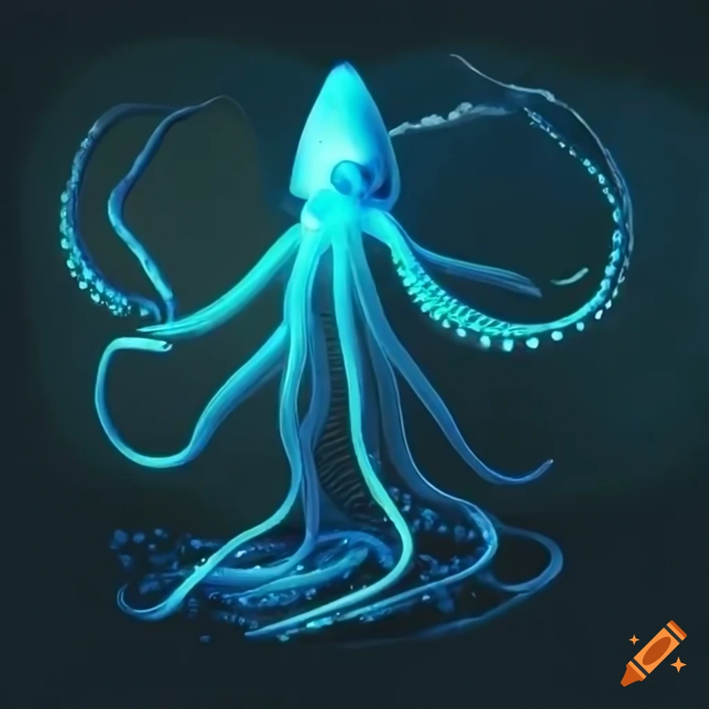Glowing bioluminescent squid surrounded by drums and cymbals in a music scene on Craiyon