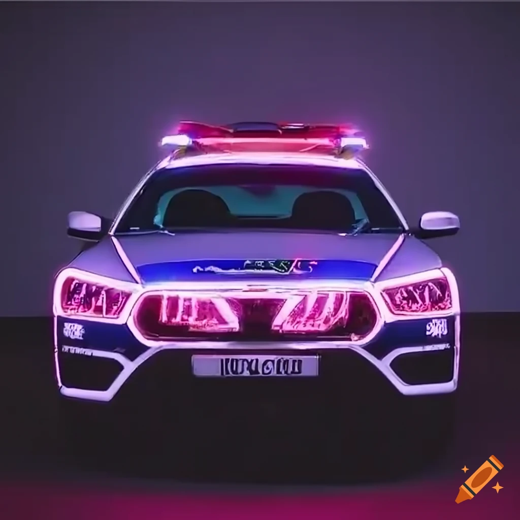 Person with an angry face inside a police car with neon lighting on Craiyon