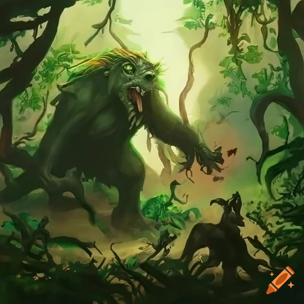 Enormous beasts rampaging through a jungle in fantasy art on Craiyon