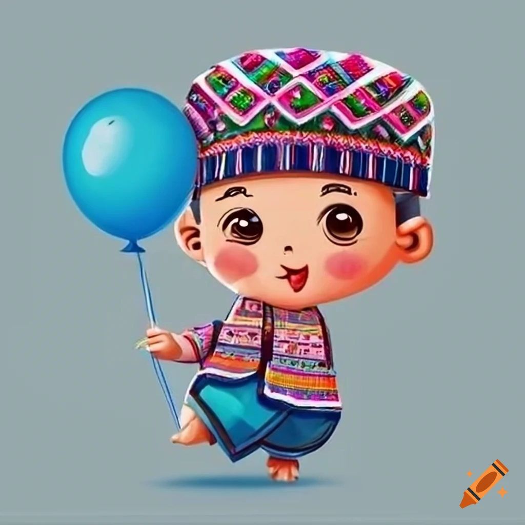 Cute cartoon baby hmong boy with blue balloon on Craiyon
