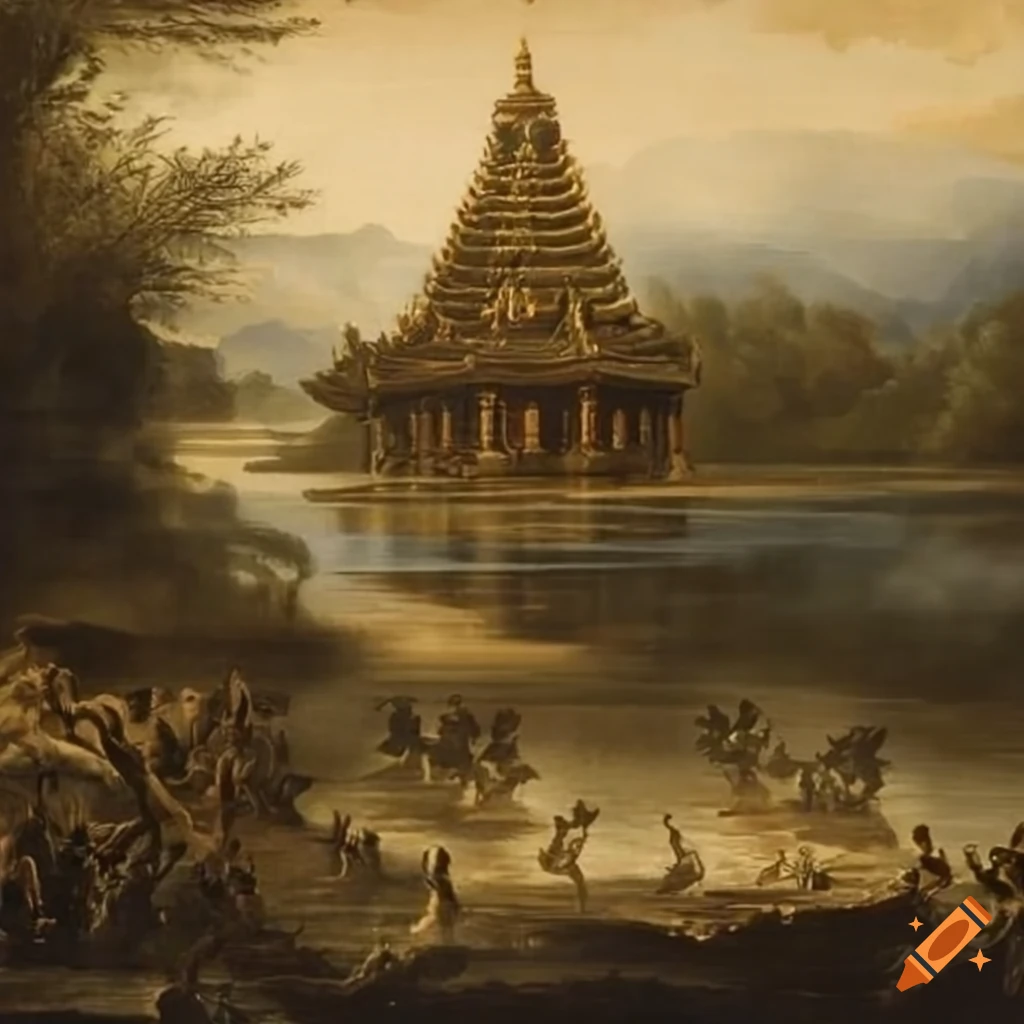 Illustration of an army chasing a queen towards a lake with a temple on ...