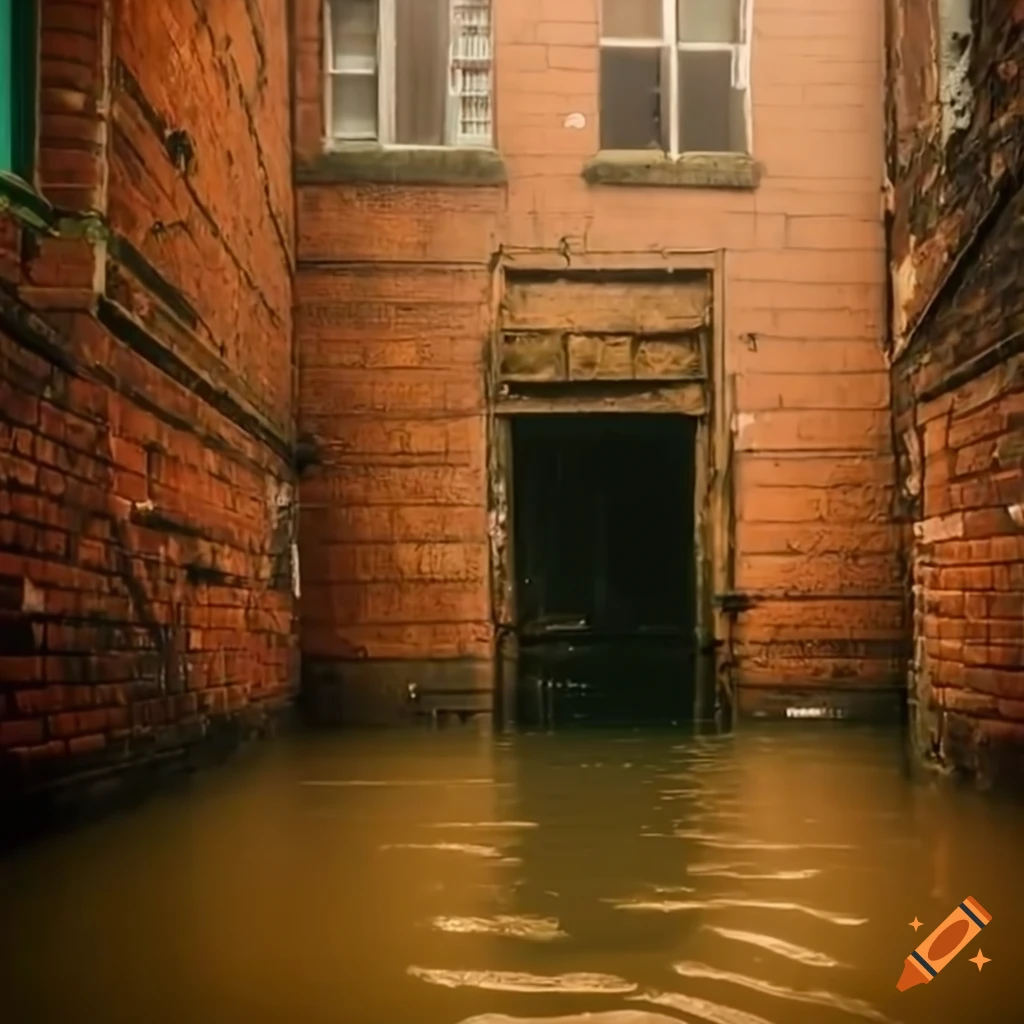 Close-up of flooded brick doorway with sinking buildings in golden ...