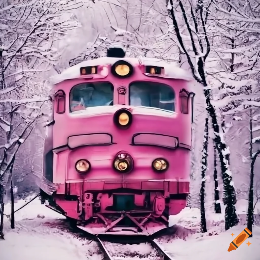 Pink train in a winter setting on Craiyon