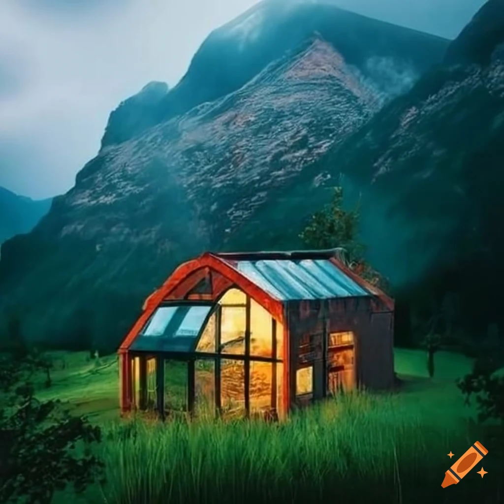 Rustic brick cottage with a glass greenhouse on a grassy mountain on ...