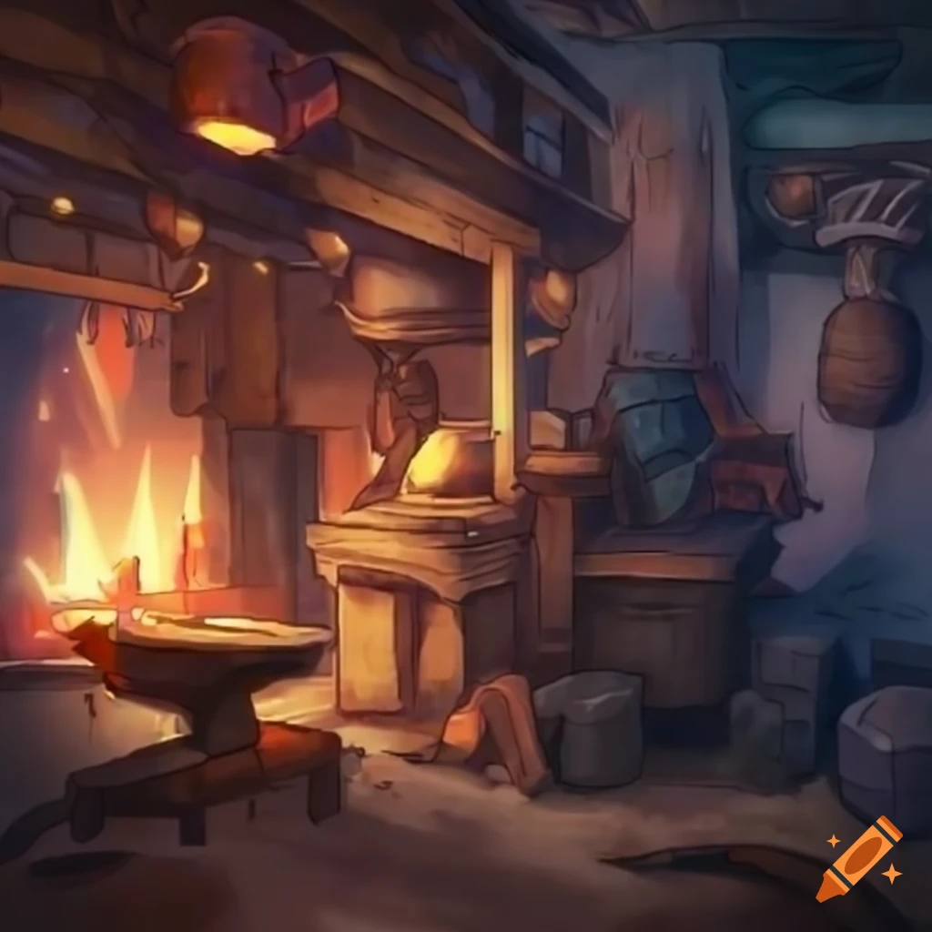 Anime blacksmith shop with anvils for swordmaking on Craiyon