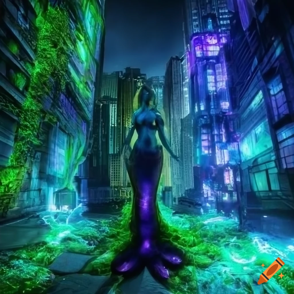 Glowing biopunk cityscape with moss, plants, mushrooms, crystals, and ...