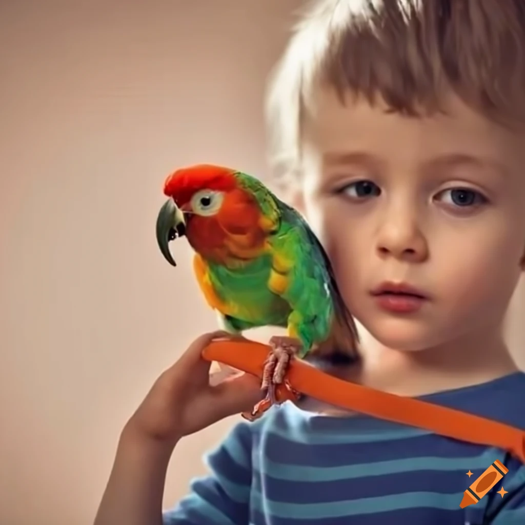 Kid with a pet bird on Craiyon