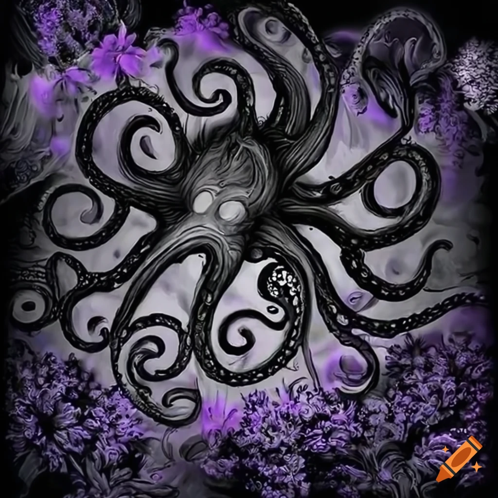 Mythical black octopus among lavender flowers on Craiyon