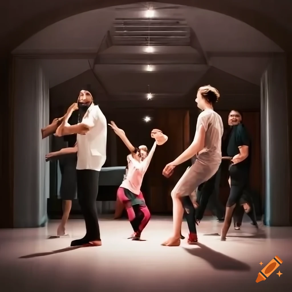Diverse group of improv players performing in a community center lobby ...