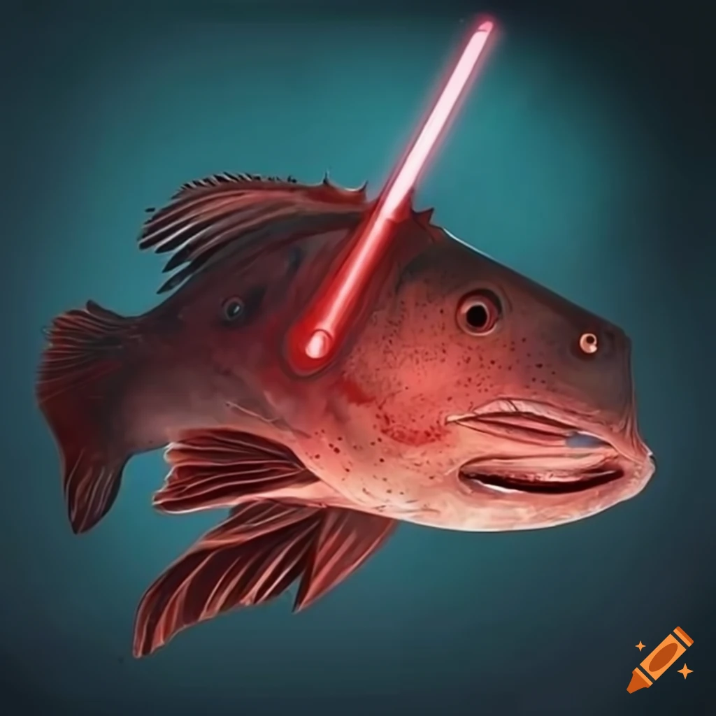 Cod fish with a glowing red lightsaber in a creative artwork on Craiyon