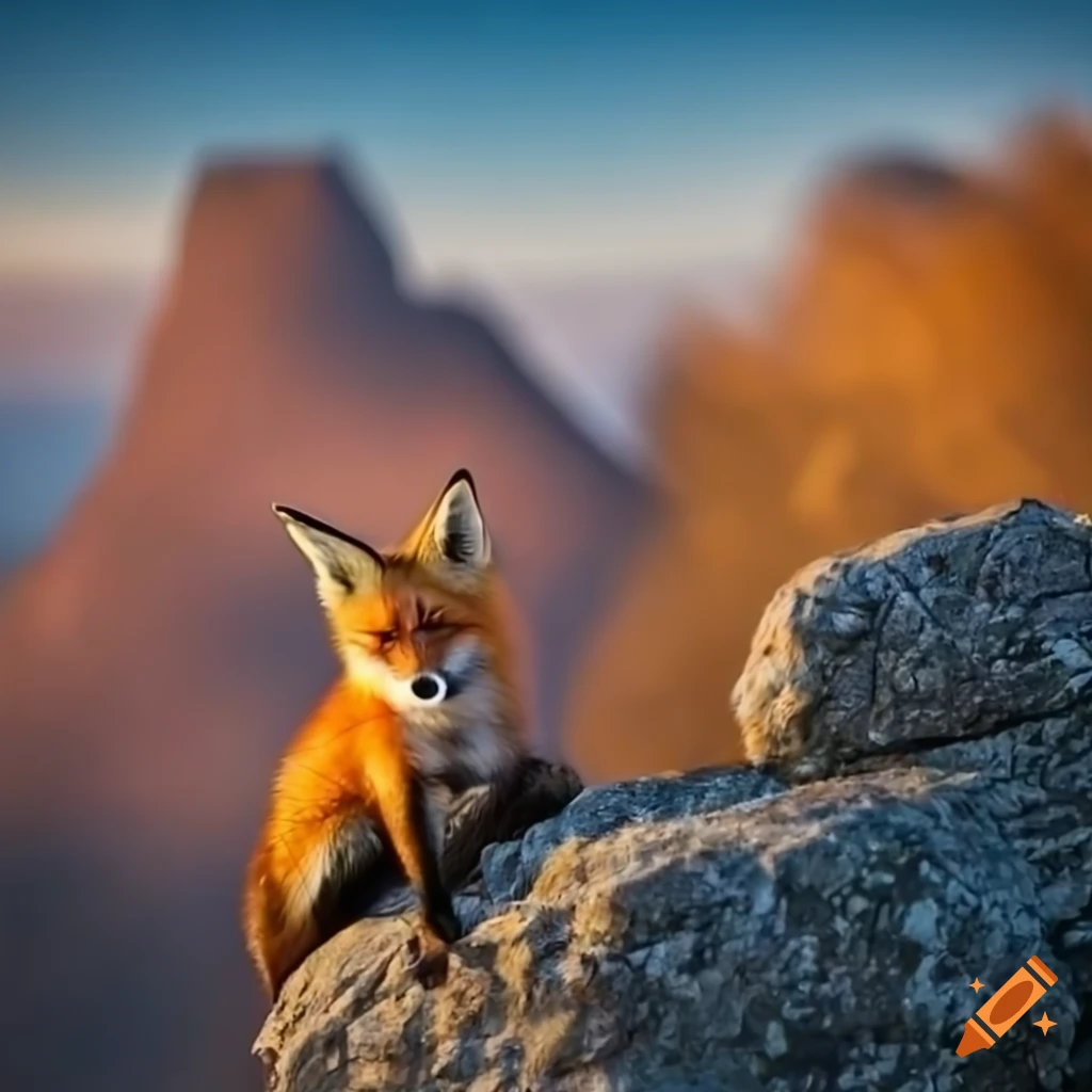 Red fox sitting proudly on a rocky hilltop with serene landscape view ...
