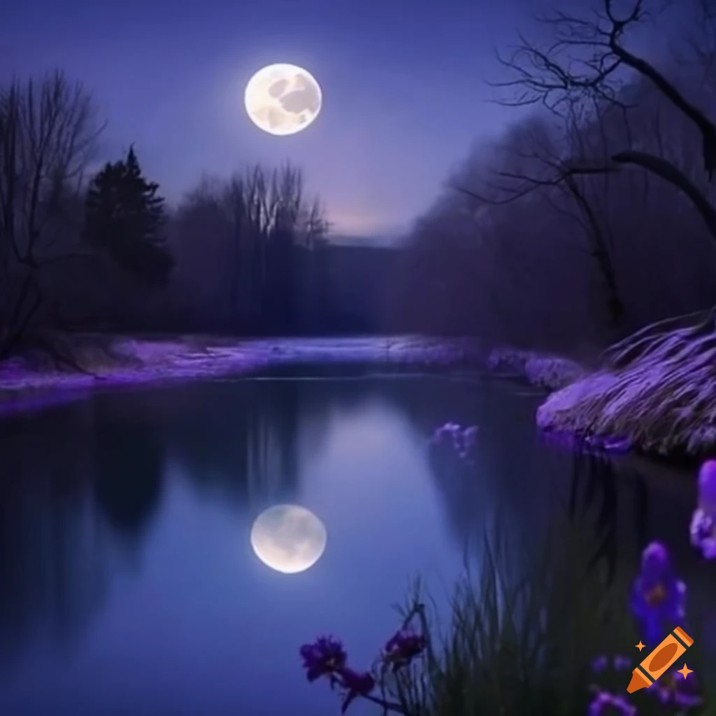 Spring river under a flower moon night sky on Craiyon