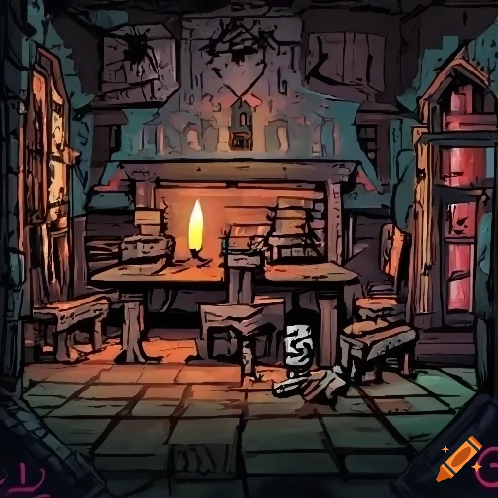Enigmatic empty tavern with flickering candles and ominous shadows on ...
