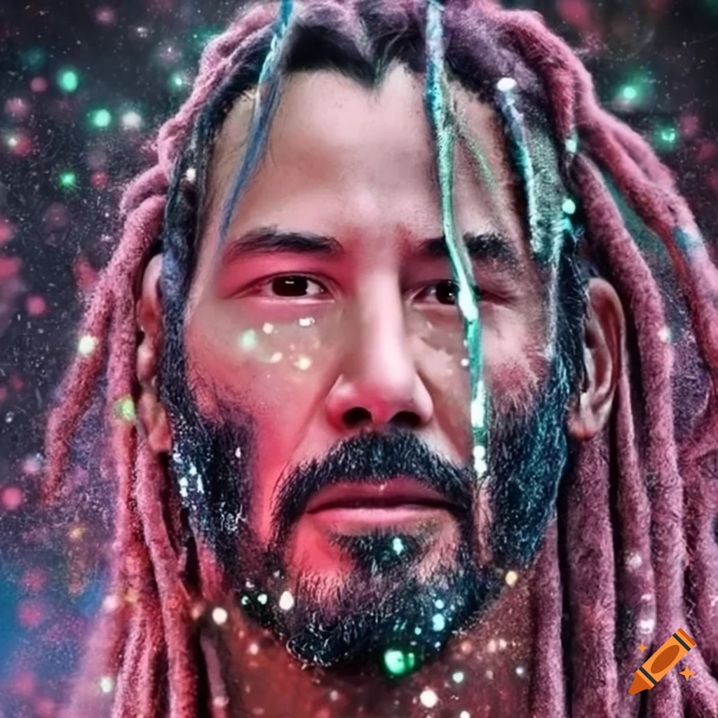Keanu reeves with dreadlocks on vivid dark background on Craiyon