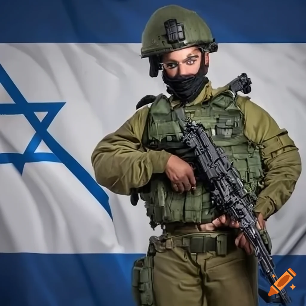Israeli soldier in armor with israeli flag in the background on Craiyon