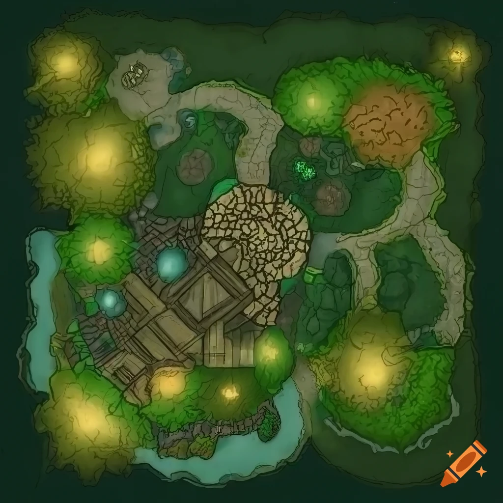Top-down fantasy battle map of a forest glade with grid for DnD on Craiyon