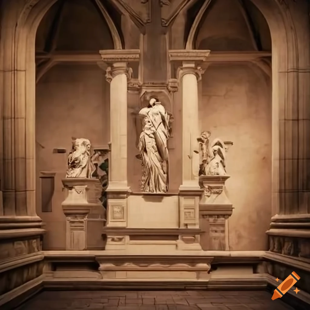 Medieval wall with alcoves filled with marble statues on Craiyon