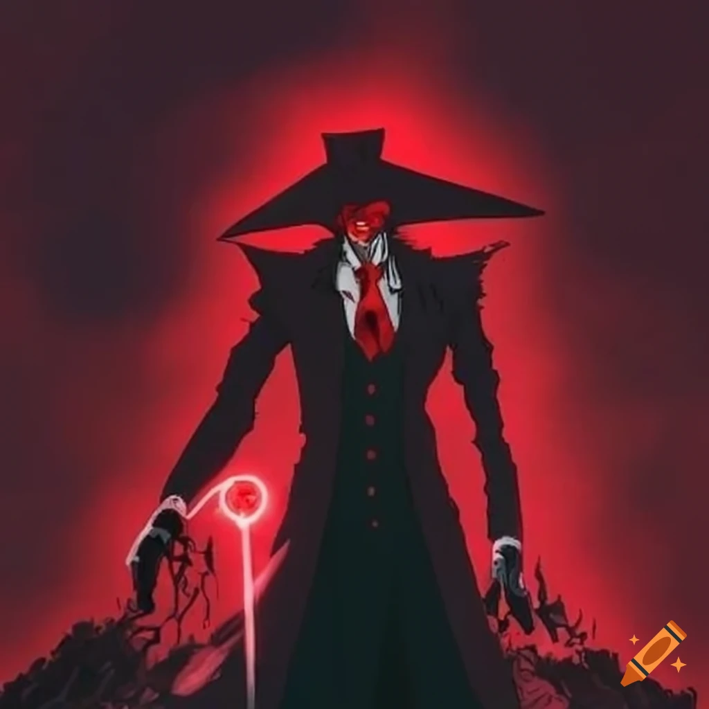 Alucard from hellsing ultimate standing on a hill with glowing red eyes ...