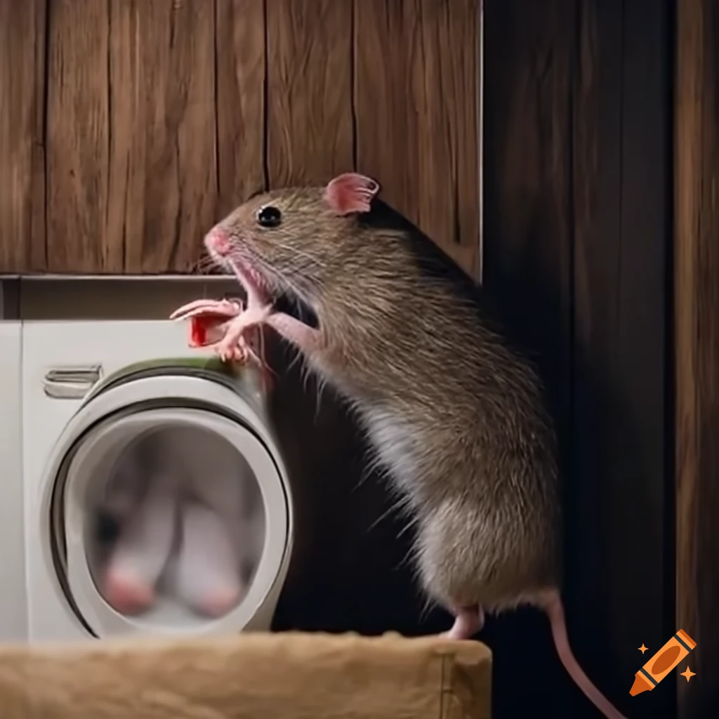 Mouse washing clothes in a laundry room on Craiyon