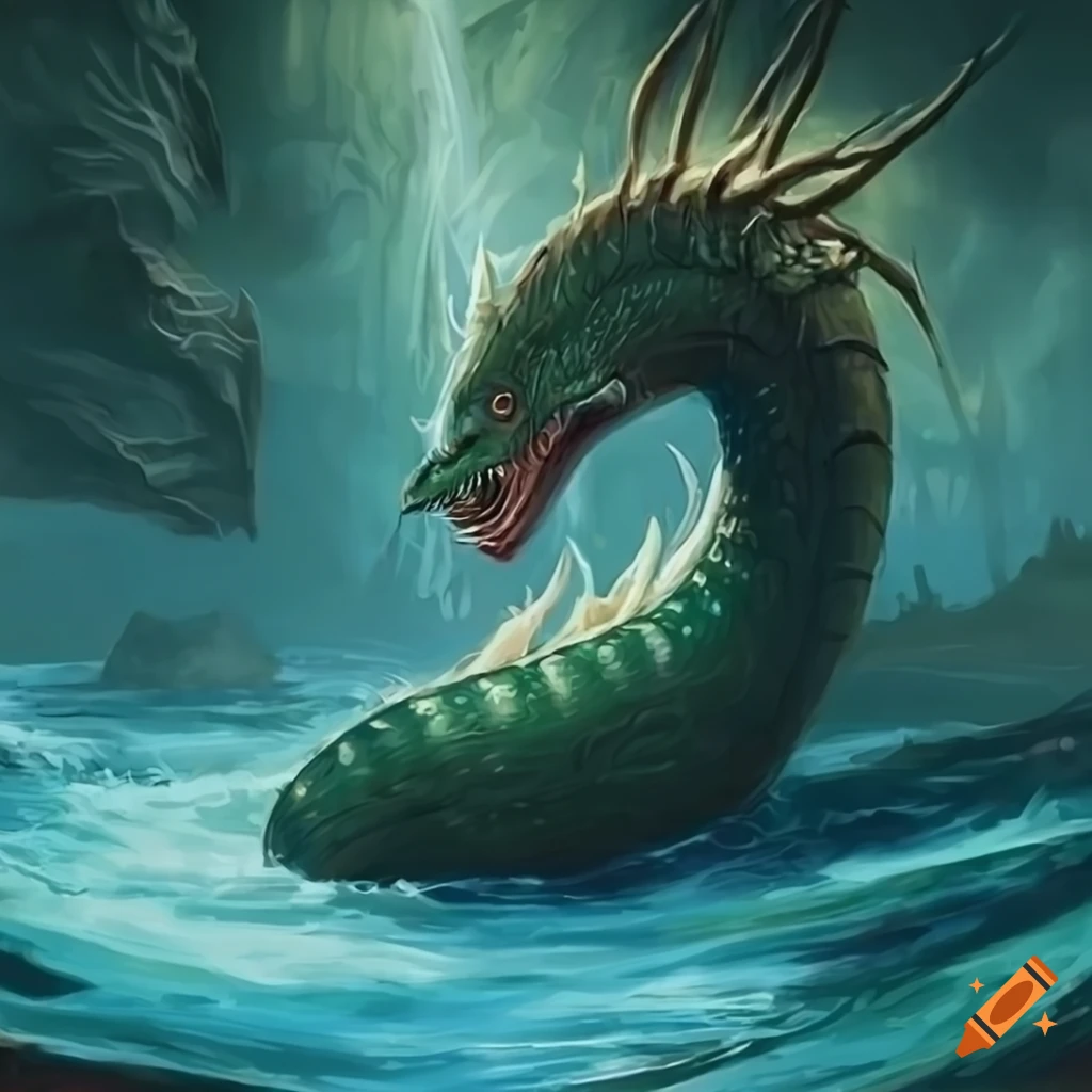 Large sea serpent in a floating river in mtg fantasy art on Craiyon