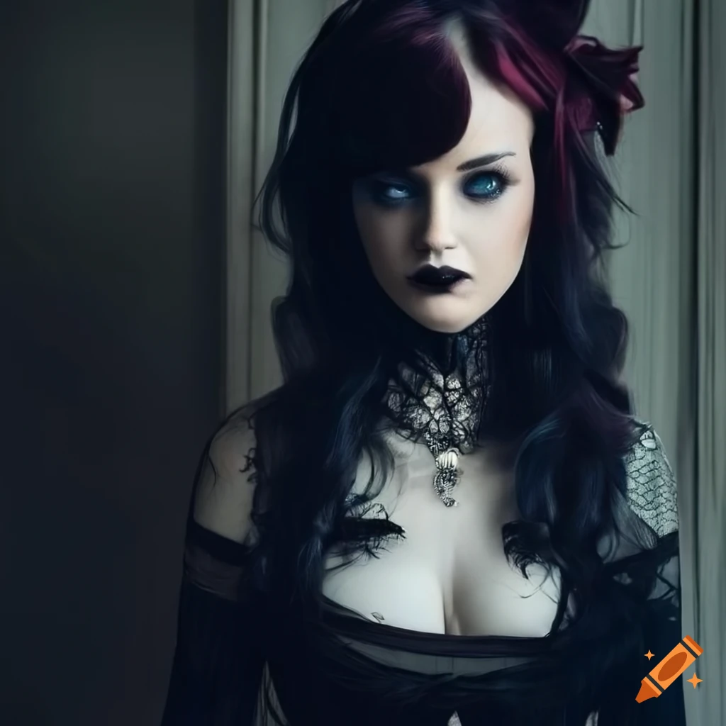 Elegant goth woman with striking blue eyes and wavy hair in a hallway on Craiyon