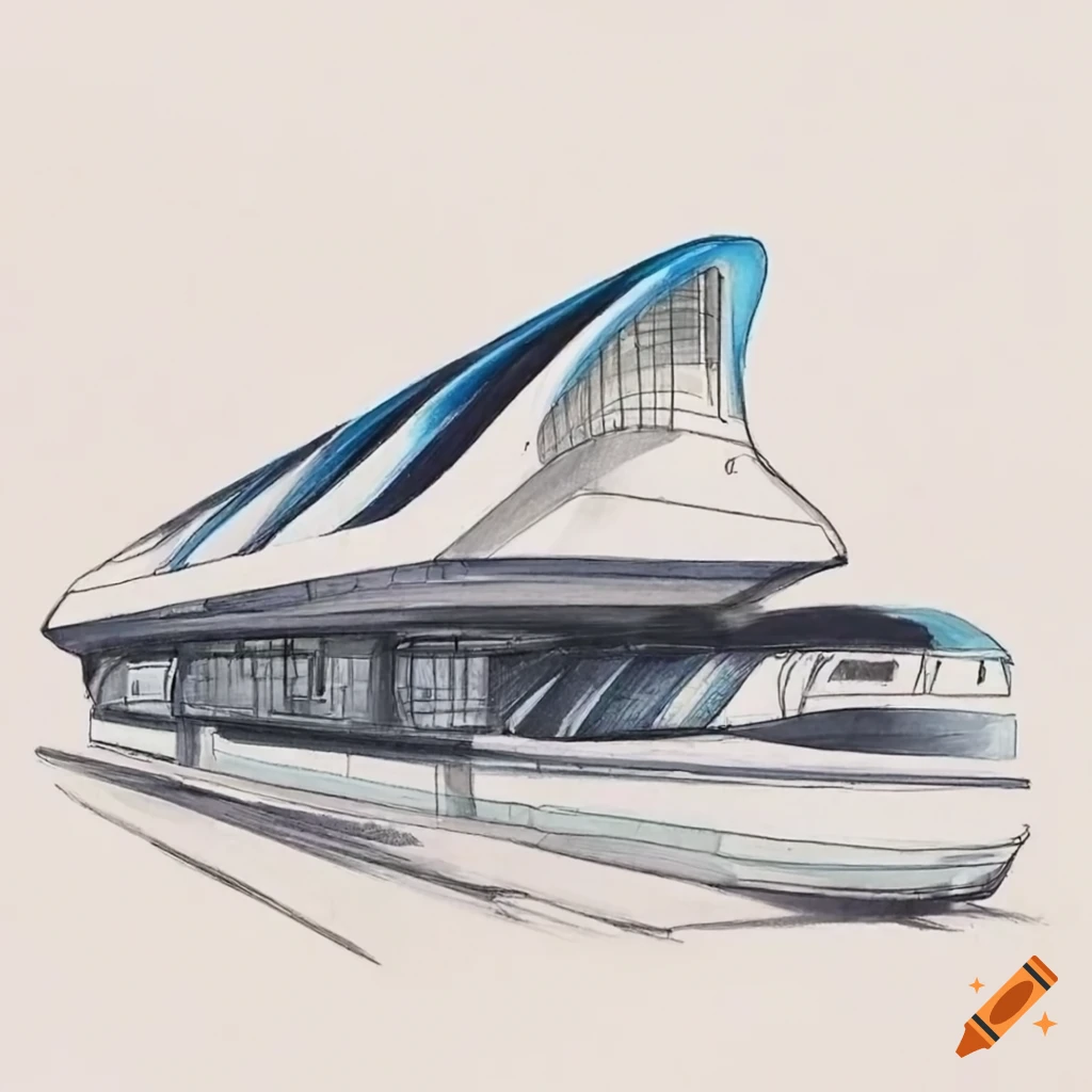 80's architectural rendering of a sleek MagLev train station in pencil ...