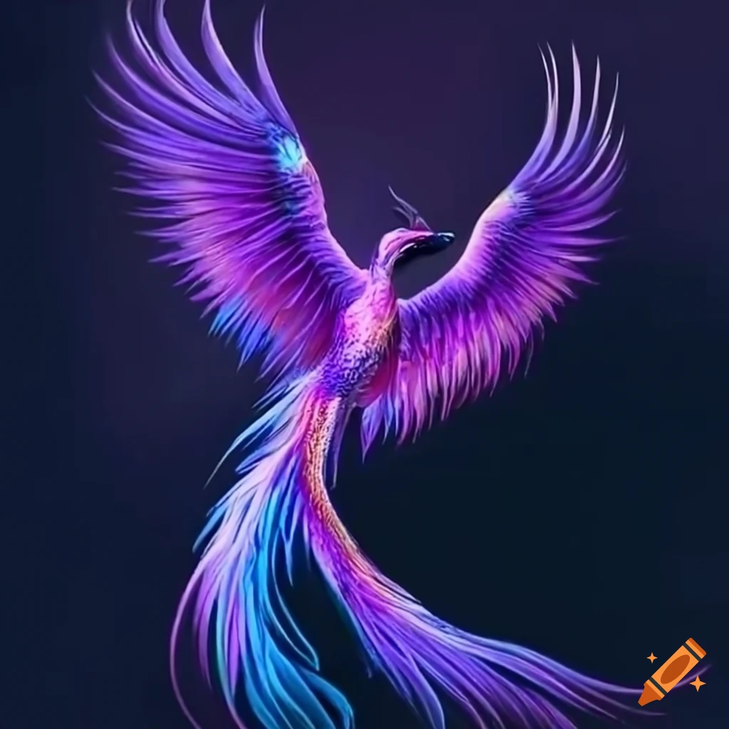 Mythical Phoenix bird with vibrant purple-blue colors and fiery tail in ...
