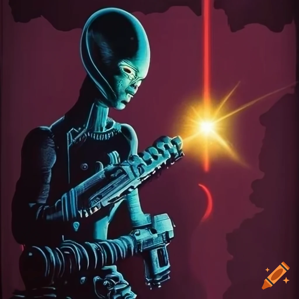 1950s epic sci-fi film poster with a glowing alien firing a laser gun ...