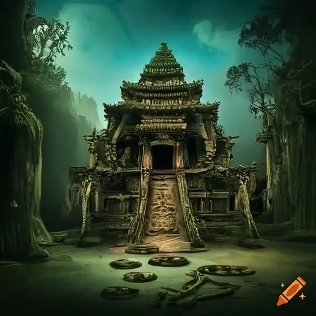 Cursed haunted jungle temple with god sculpture, demon monkeys, and floating coins on Craiyon
