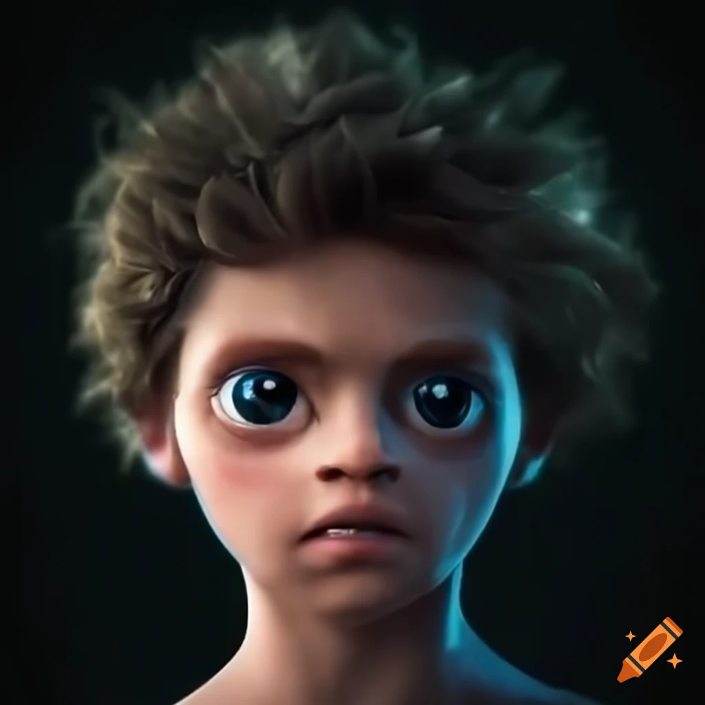 Young man with exaggerated cartoon eyes like from a cgi movie on Craiyon