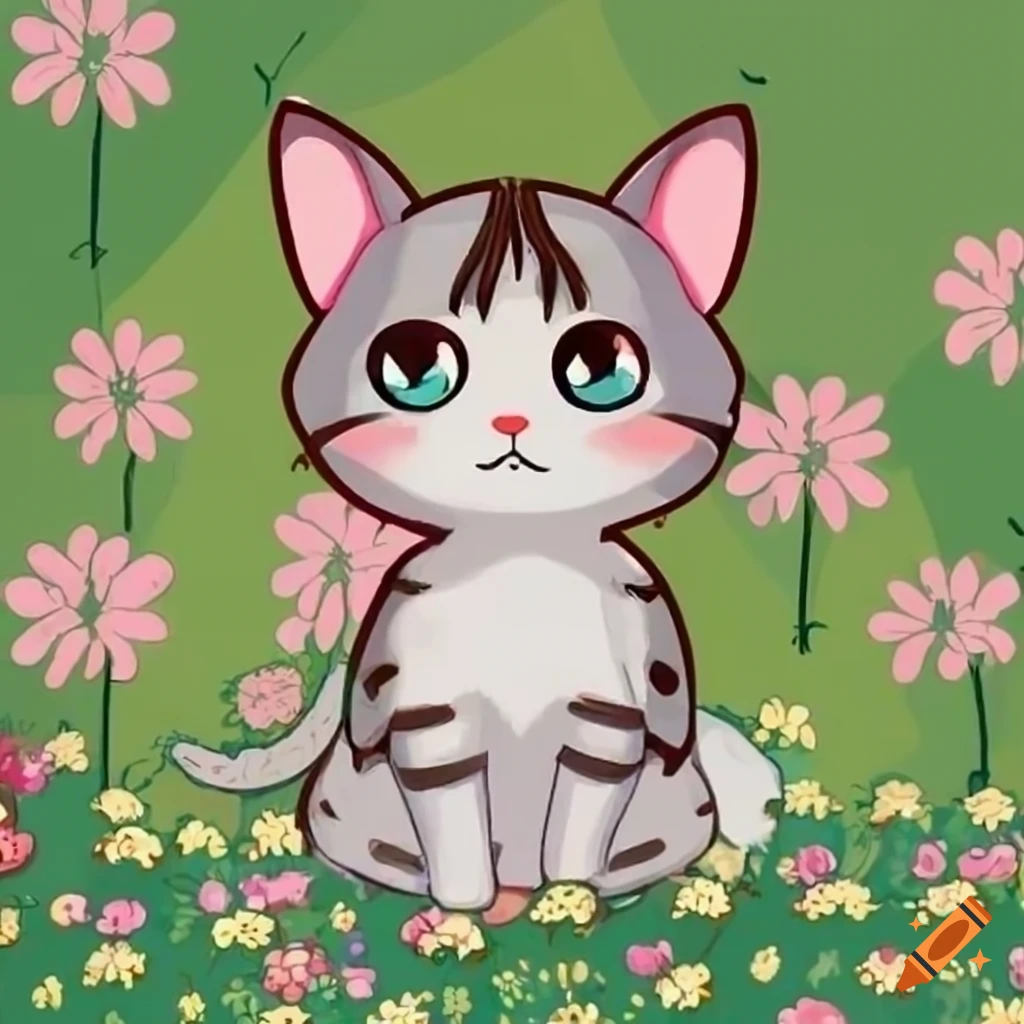 Cute chibi cat among flowers in a garden on Craiyon