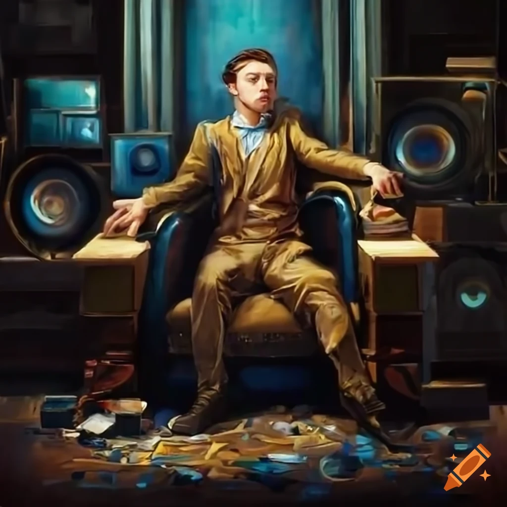 Thoughtful man on a high-tech office throne with discarded electronics ...