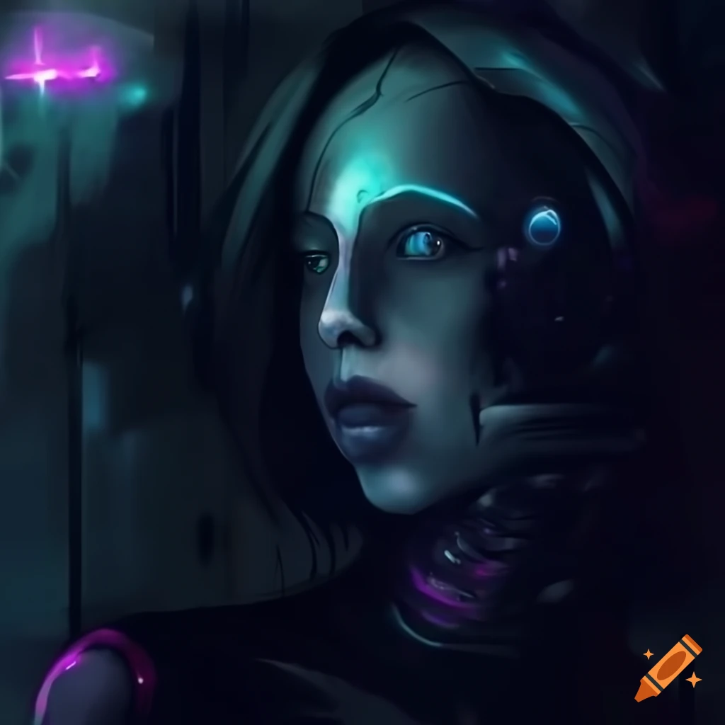 Female cyborg goddess in a cyberpunk cityscape on Craiyon
