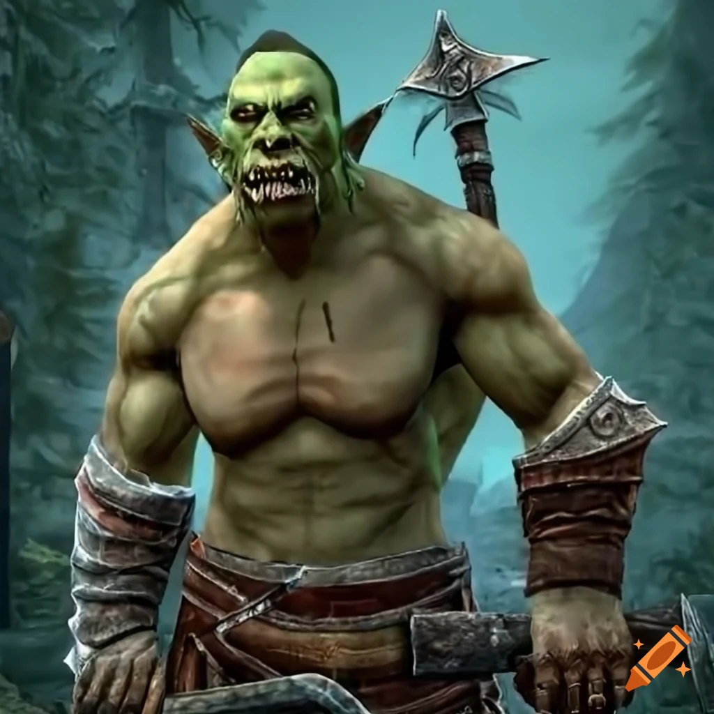 Muscular orc blacksmith forging weapons in a fantasy setting on Craiyon