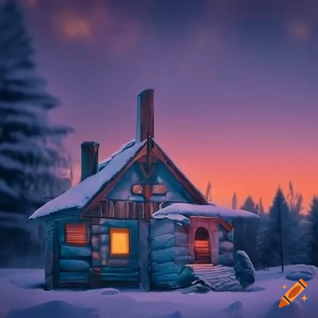 Winter sunset at a witchy themed cabin in january on Craiyon